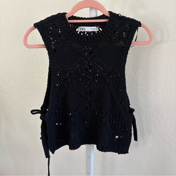 Zara | Tops | Zara Black Knit Top M Diamond Crochet Open Weave Side Tie ...